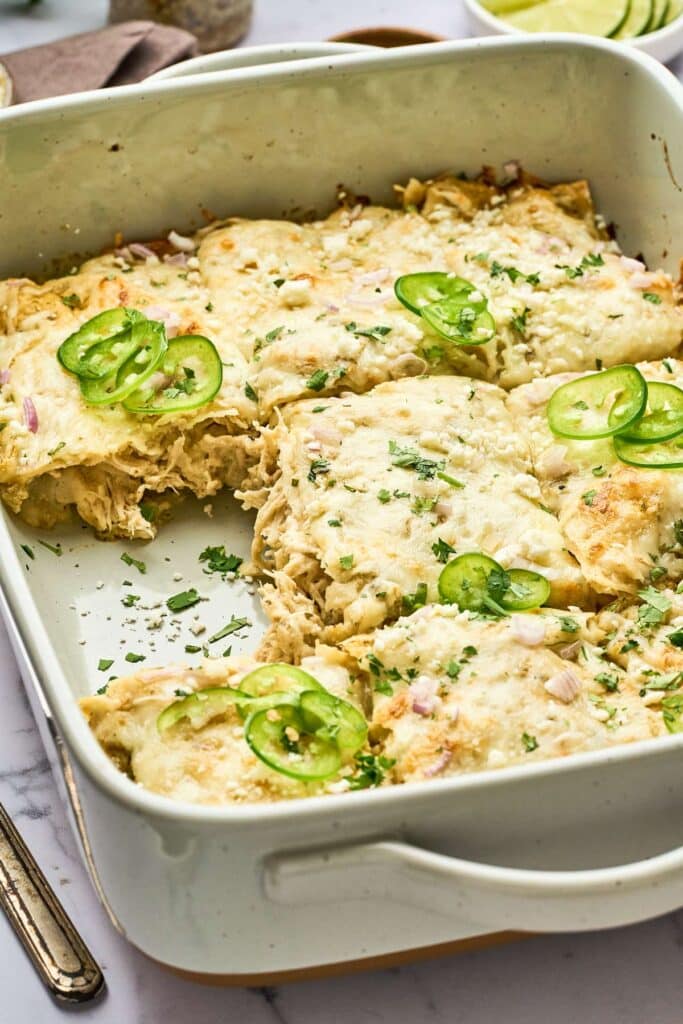 5 Ingredient Salsa Verde Chicken Enchilada Bake - Girl Gone Gourmet